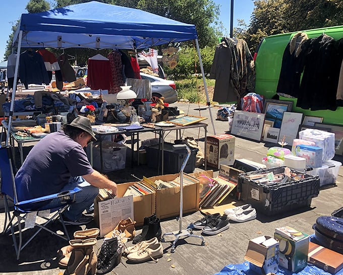 The archeological dig of modern commerce. This vendor carefully arranges decades of everyday artifacts, each with stories waiting to be continued.