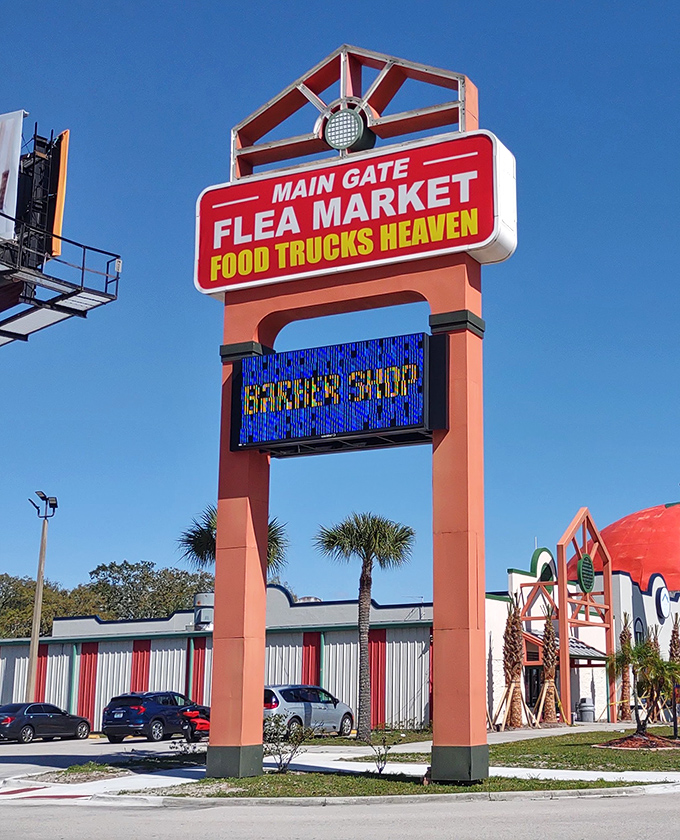 The market's towering sign stands like a retail lighthouse, guiding bargain hunters safely to shore.