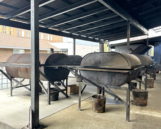 The source of all that smoky magic&mdash;these industrial-sized smokers have probably seen more meat than a butcher's convention.