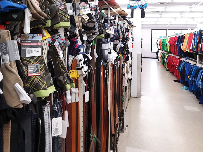 The accessories aisle: where belts, ties, and socks find new purpose. That leather belt has stories to tell and miles left to cinch.
