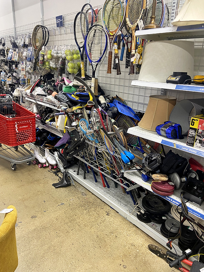 Sports equipment piled like a garage sale at an Olympic village&mdash;tennis rackets and baseball bats hoping for one more chance at glory.