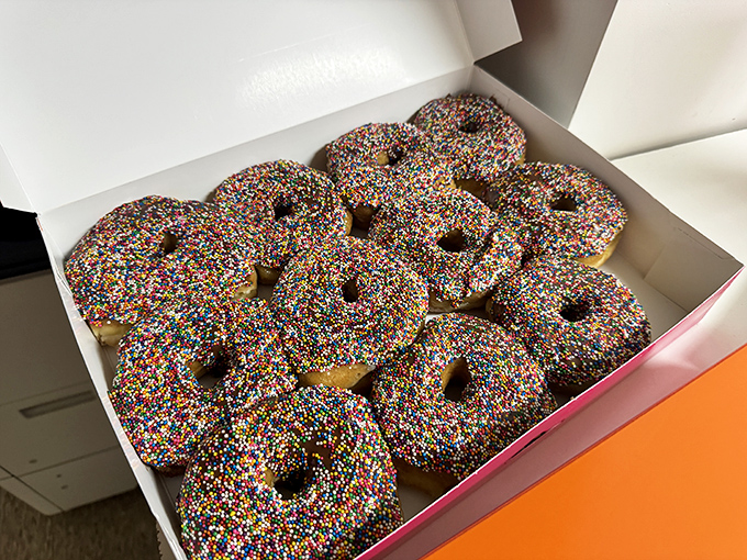A box of sprinkle-covered joy bombs, ready to brighten even the gloomiest Monday. Rainbow therapy in donut form.