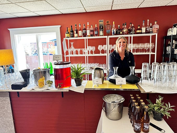 The bar setup promises good times ahead. Those bottles aren't just spirits&mdash;they're conversation starters in liquid form.