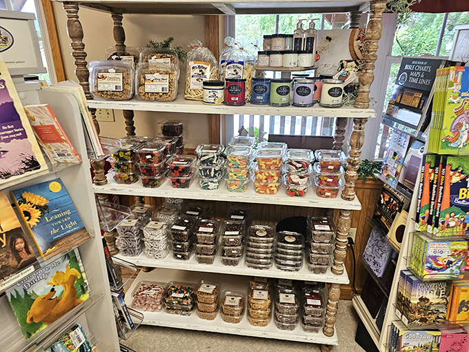 The sweet corner that proves farm stores understand temptation better than any city confectioner. Resistance is futile, but regret is impossible.