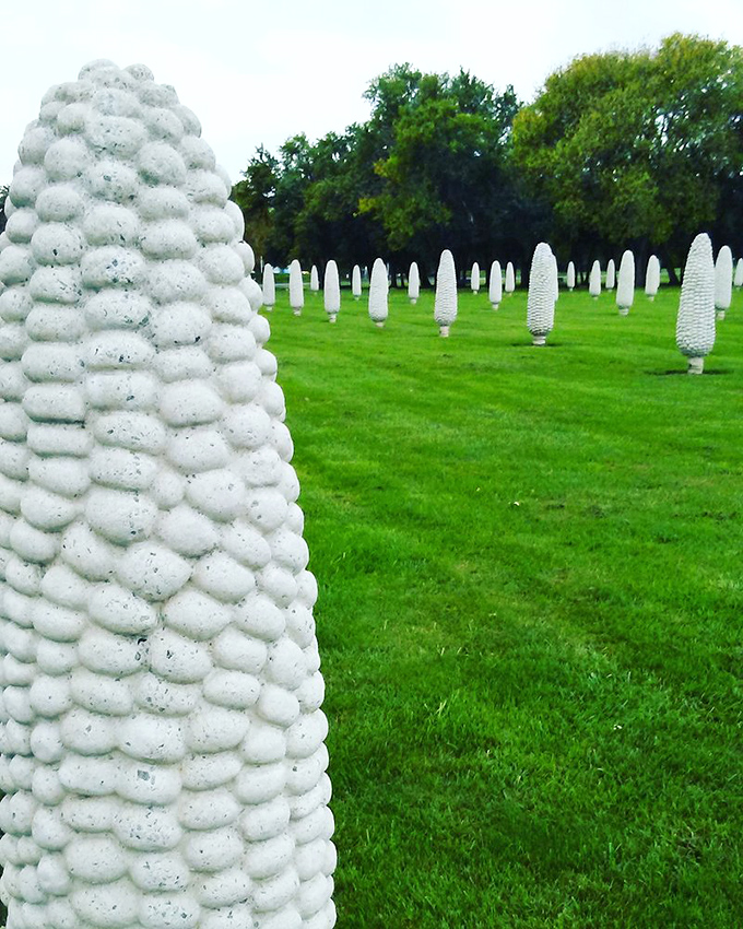 Up close, you can appreciate the detailed craftsmanship of each kernel&mdash;someone really put their heart and soul into these concrete vegetables.