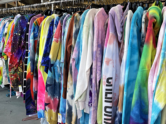 Tie-dye paradise that would make Jerry Garcia proud. Each hoodie represents someone's crafting afternoon, now awaiting its next Grateful Dead tribute concert.