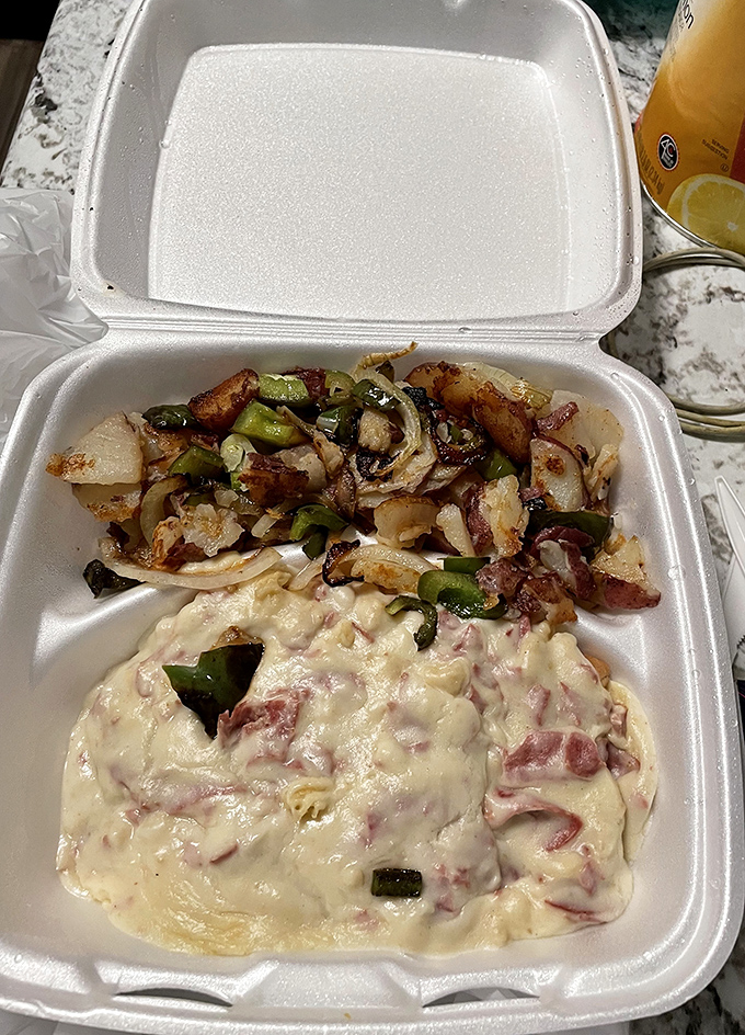 Takeout that travels well &ndash; proof that good things come in styrofoam packages when they're filled with home fries and cheesy eggs.