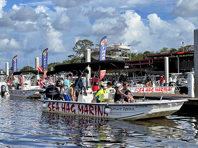 Sea Hag Marina&mdash;where scallop seekers and fishing enthusiasts gather before embarking on Gulf adventures with sunburned optimism.