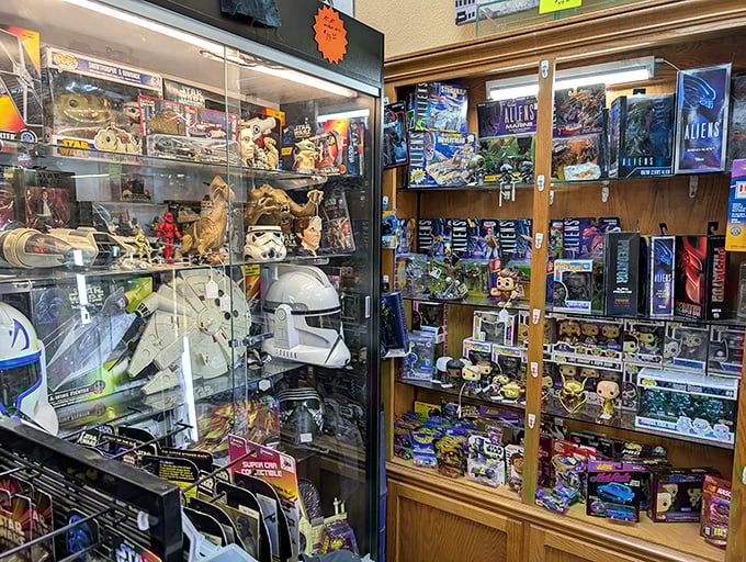Star Wars helmets and collectible figures stand at attention behind glass&mdash;proof that yesterday's toys become tomorrow's treasures (and retirement funds).