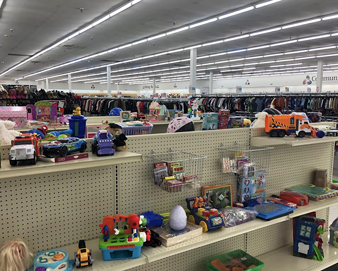 The toy section: a nostalgic playground where childhood memories are stacked on shelves, waiting to create joy for a new generation.