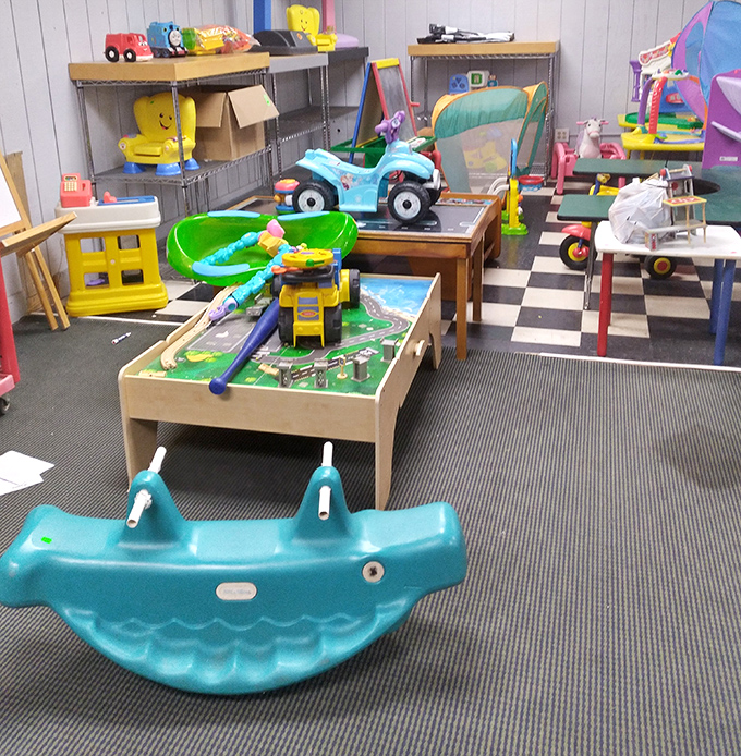 Toy paradise where plastic dinosaurs, train sets, and that blue whale rocker await new adventures with the next generation of imaginative kids. 