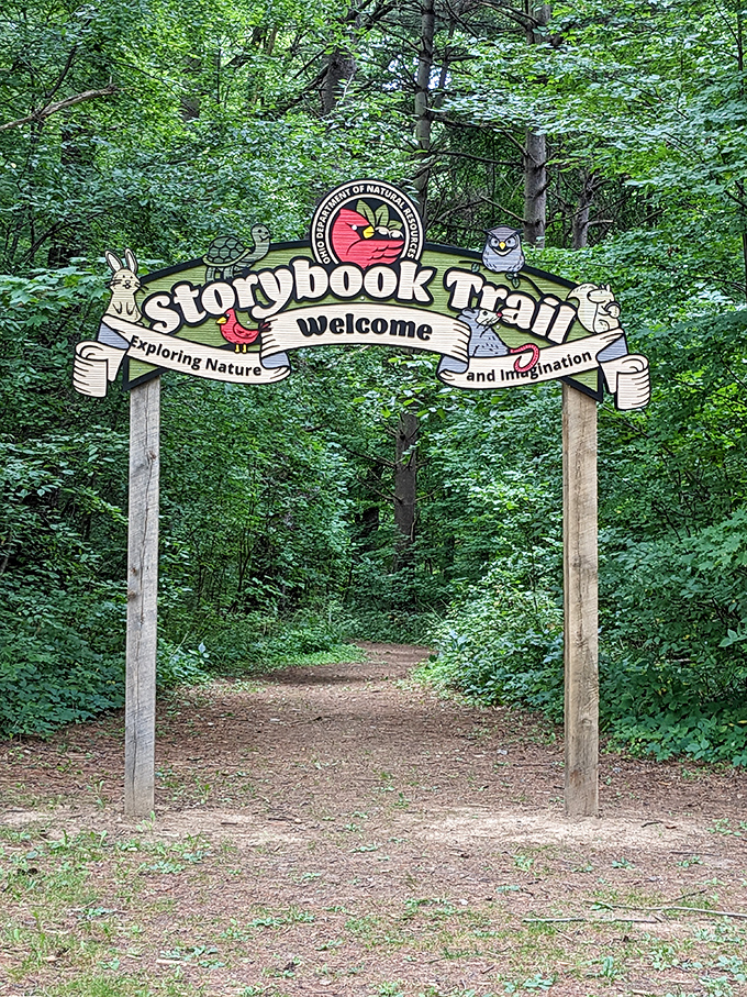 Storybook Trail entrance invites imagination. Where else can literature and leg stretches combine for the perfect family activity?