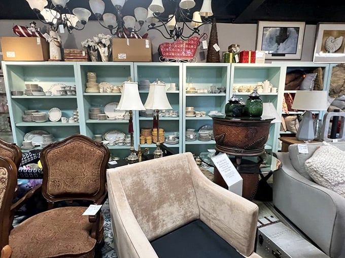 A furniture vignette so perfectly staged it makes you wonder if you're in a thrift store or a decorator's showroom.