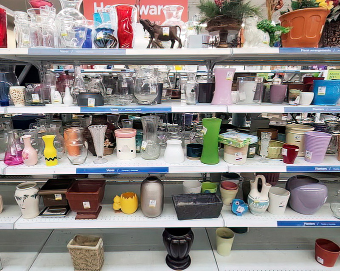 The glassware section gleams with potential. From quirky Charlie Brown mugs to elegant vases, these shelves hold the missing piece to your collection.