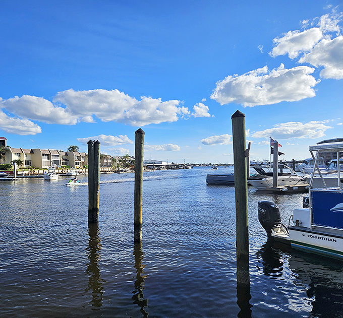 The waterfront view reminds you why people pay Florida property taxes&mdash;endless blue skies, gentle waves, and boats bobbing like they haven't a care in the world.
