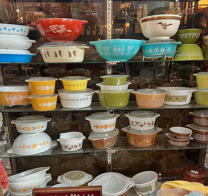 The holy grail for vintage kitchen enthusiasts: Pyrex in colors that defined mid-century America, from harvest gold to turquoise dreams.