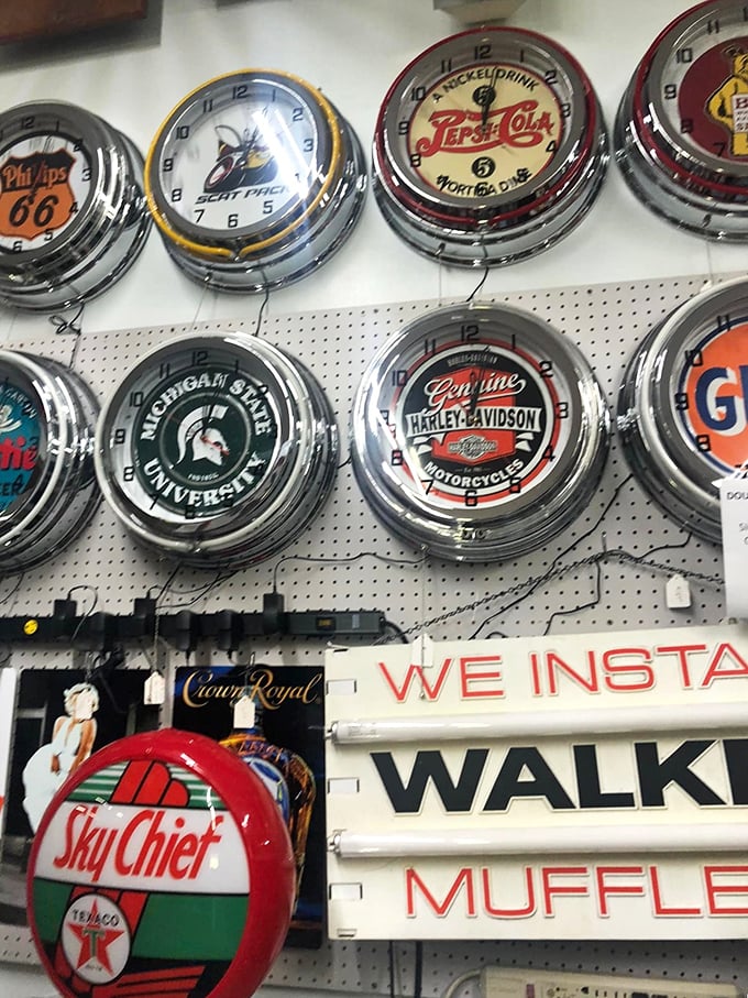 Time literally stands still in this collection of vintage clocks. Pepsi, Phillips 66, and Michigan State&mdash;nostalgia by the hour.