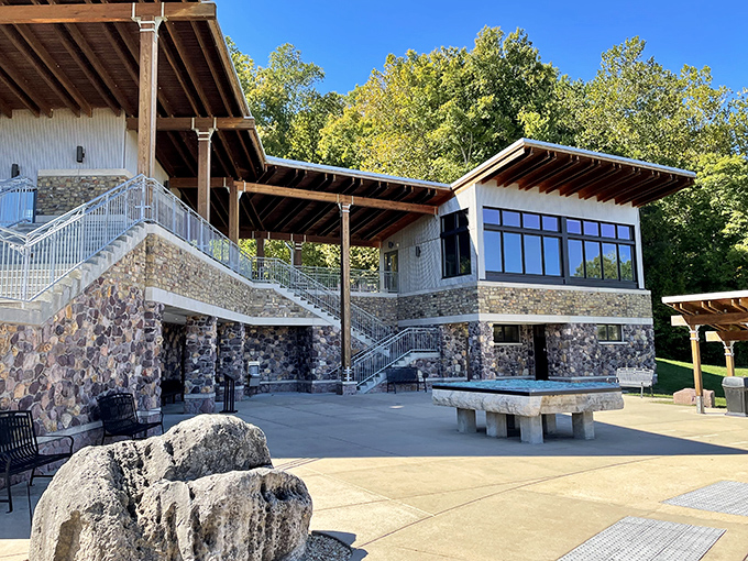 Modern meets rustic at the visitor center, where stone and glass architecture pays homage to the park's geological foundations.