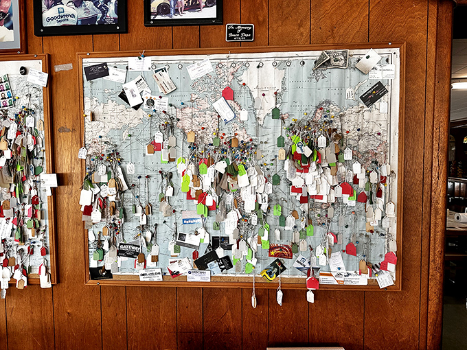 This visitor's pin map shows just how far people will travel for exceptional seafood. Each pin represents someone who found their way to this Delaware treasure.