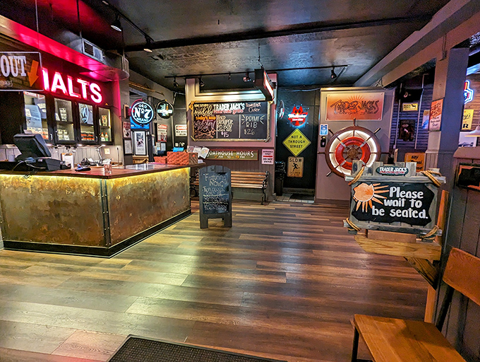 Nautical touches and weathered wood create an entrance that says, "Leave your pretensions at the door, but bring your appetite."