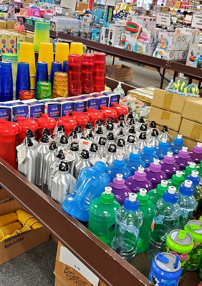 A rainbow of water bottles and containers stands at attention, like a hydration army ready to quench the thirst of bargain hunters.