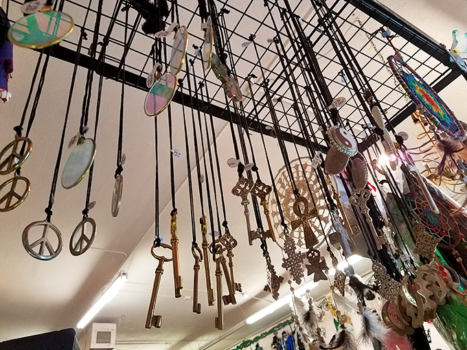 Dangling dreams and vintage keys create a musical constellation overhead&mdash;wind chimes that sing with desert breezes.