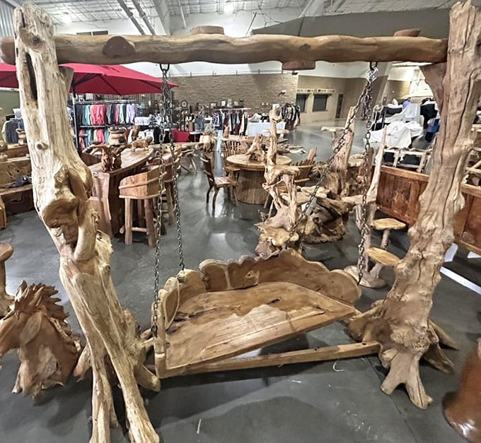 Not just a swing, but a functional work of art – where Tennessee craftsmanship transforms driftwood and raw timber into backyard conversation pieces.