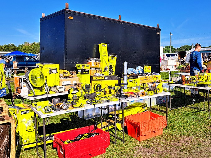 Tool heaven for the DIY crowd. That yellow collection could build a house, fix a car, or just look impressive hanging in the garage.