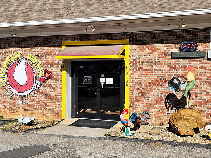 What came first—the chicken or the donut? Chickenbutt's playful name and bright yellow doorframe promise fun with every bite.