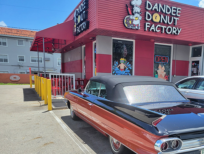 Classic car meets classic donuts! Dandee's vibrant red building is a time machine to tastier days.