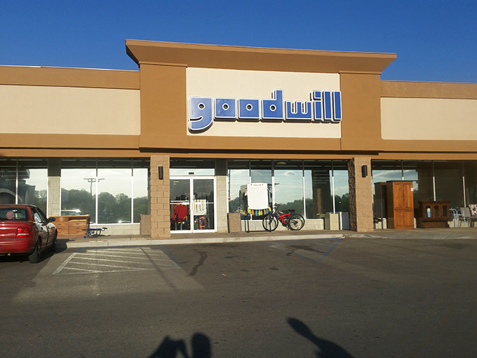 Goodwill's familiar yellow logo feels like coming home to reliable bargains and treasures.