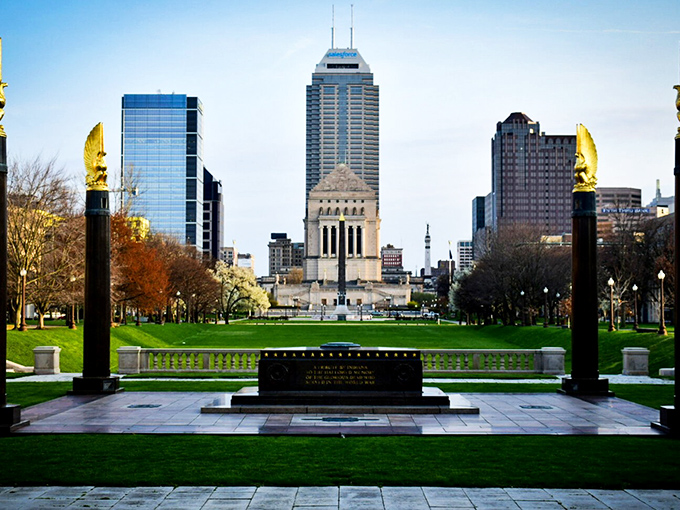 Indianapolis skyline commands respect from the war memorial, showcasing a capital city with Midwest values and metropolitan ambitions.