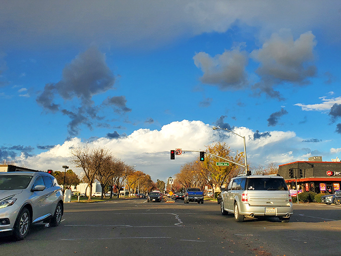 Merced's quiet intersection captures the unhurried pace that makes small-city living so appealing today.