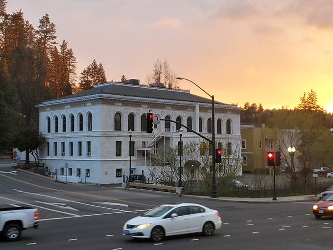 The old brick courthouse in Placerville is a beautiful landmark, with a spectacular sunset painting the sky.