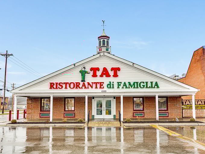 TAT's church-like architecture elevates pizza to a religious experience. The Italian flag colors announce authentic flavors within.
