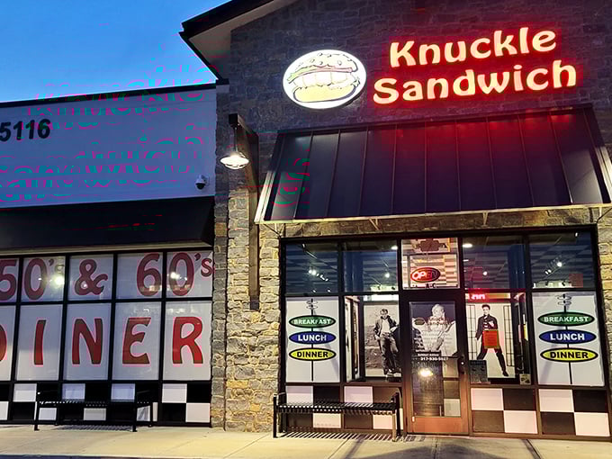 The Knuckle Sandwich's retro neon glow promises a one-two punch of nostalgia and innovative flavor combinations.