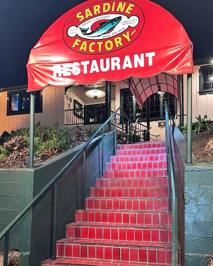 The Sardine Factory's red carpet entrance promises elegance - Monterey's most romantic seafood destination awaits inside.