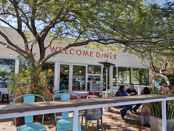 Welcome Diner's outdoor seating invites you to enjoy Arizona sunshine with your morning coffee &ndash; pure bliss.