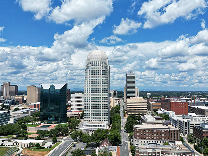 Classic architecture meets blue skies in Winston-Salem, where every building seems to have good stories.