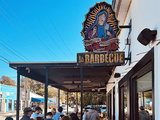 La Barbecue's colorful shrine to the Virgin of Guadalupe watches over every brisket like a culinary guardian angel.
