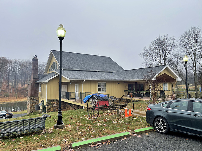 Rustic yellow buildings at Casanel Vineyards & Winery welcome you with vintage farm equipment and glowing streetlights on a misty afternoon.
