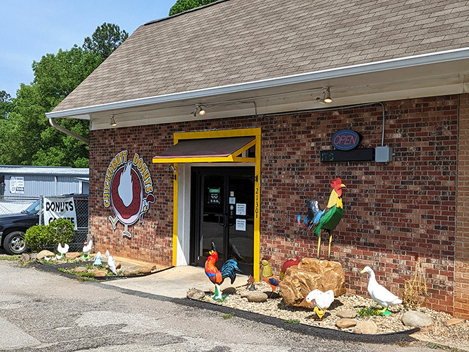 Fowl play in the best way! Chickenbutt's rooster decorations and brick exterior create a memorable spot for serious donut business.