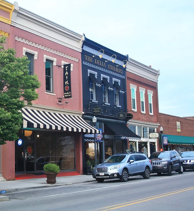The colorful storefronts and classic architecture make every shopping trip feel like a pleasant stroll.