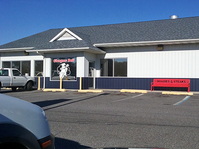 Blue and white simplicity housing the complex art of perfect deli sandwich construction and community building.
