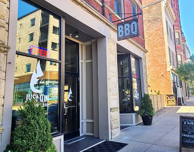 Clean lines and big windows invite you to witness barbecue artistry in action.