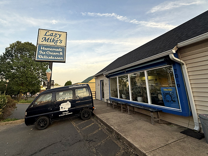 The unassuming storefront of Lazy Mike's proves great things come in simple packages. That vintage delivery van adds extra charm!