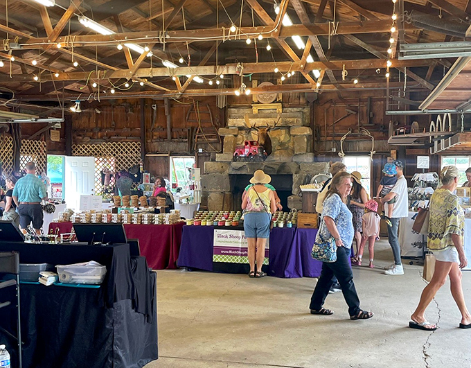 Wooden beams and string lights create the perfect backdrop for Peninsula's carefully curated collection of vintage and handmade goods.
