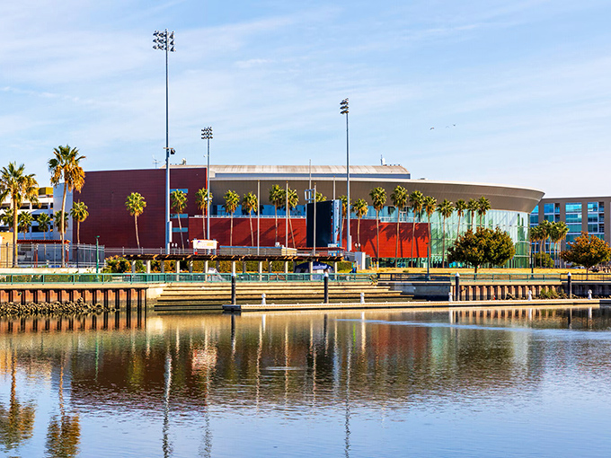 The Stockton Arena reflects perfectly in Delta waters, where palm trees and modern architecture create this port city's stunning comeback story.