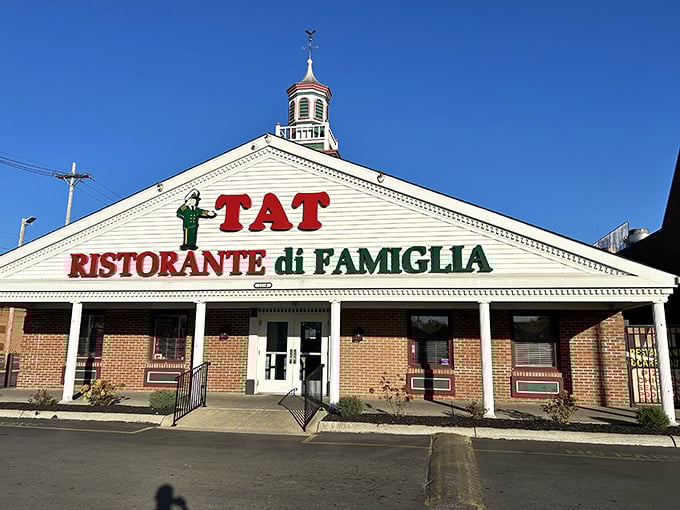 TAT's distinctive cupola makes it the cathedral of Columbus pizza. Sunny skies highlight this temple to Italian-American comfort food.