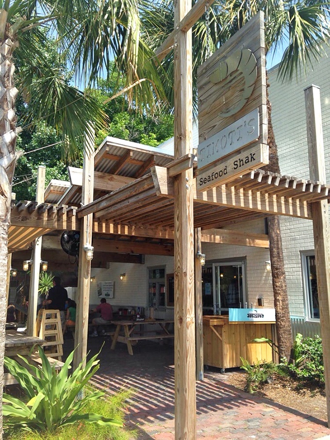 The outdoor seating area at Timoti's looks like the perfect spot for swapping fish tales over fresh catches.